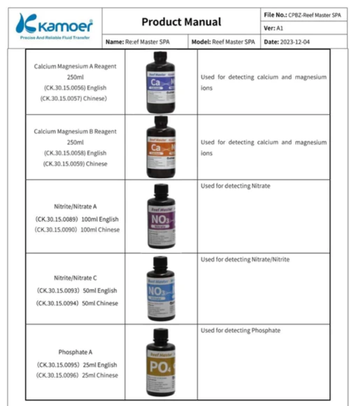 Kamoer Reef Master - SPA Refill testing Reagent - complete set ...